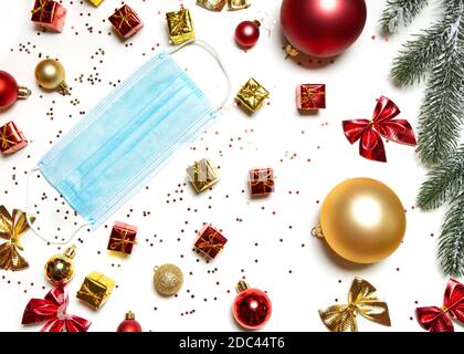 Christmas balls background and Medical protective masks. New Year 2021 ...