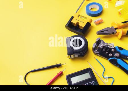 Flat lay composition with electrician's tools and accessories Stock ...