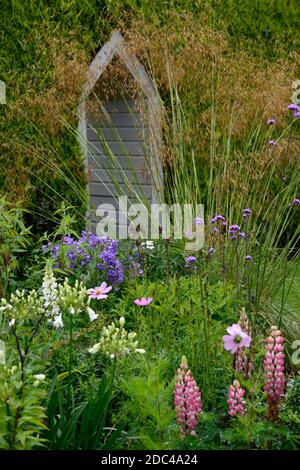 lupin,agapanthus,verbena,cosmos mixed border,stipa,wooden entrance ...
