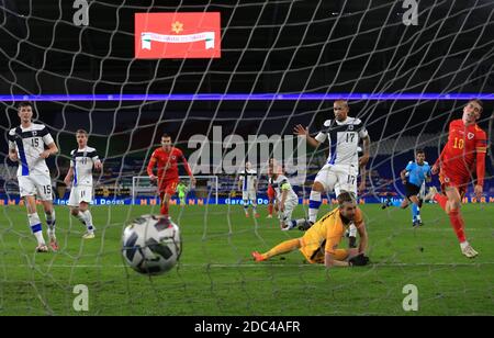 Wales' Harry Wilson scores their side's sixth goal of the game during ...