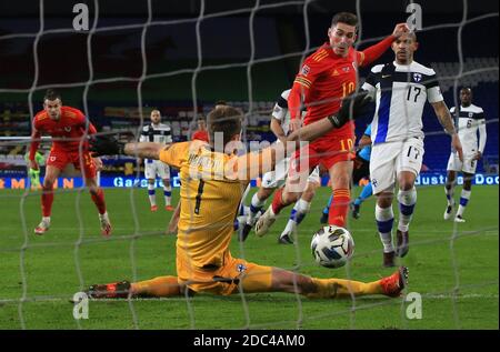 Wales' Harry Wilson scores their side's sixth goal of the game during ...