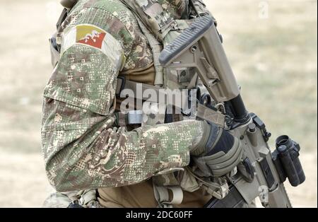 Flag of Bhutan on military uniform. Army, armed forces, soldiers ...