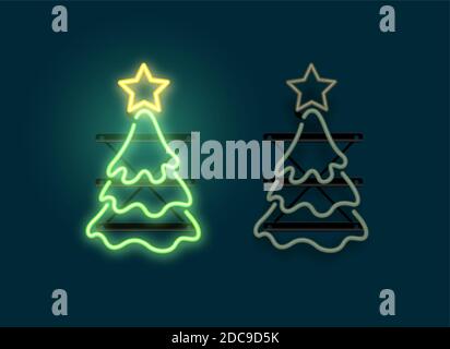 Neon Christmas tree, glowing sign. Vector illustration of Christmas ...