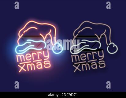 Xmas decoration neon sign set. Star, New Year cap, calendar. Night ...