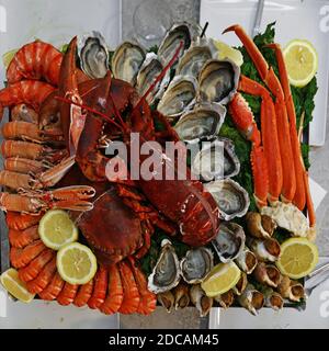 Seafood platter with oysters, clams, langoustines, lobster, shrimp and ...