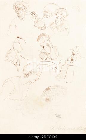 Pen and ink sheet of studies by Thomas Stothard; includes various human ...