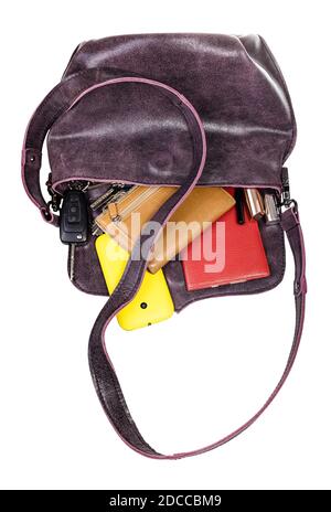 The contents of the ladies handbag. Isolated on white Stock Photo - Alamy