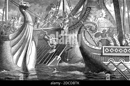 The Battle of Cape Ecnomus or Eknomos, 256 BC, between the fleets of ...