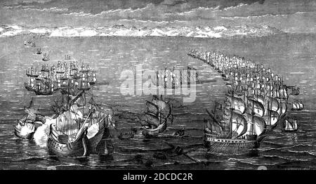 Defeat of the Spanish Armada by the English naval forces in 1588 ...