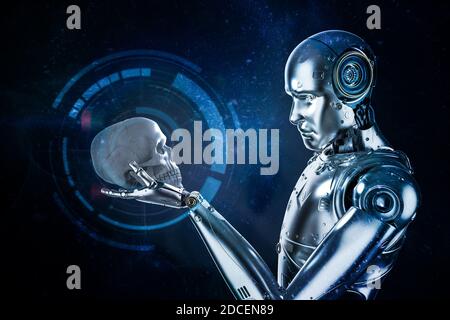 3d rendering cyborg starring at human skull Stock Photo - Alamy
