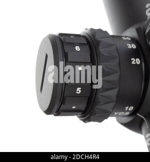 Black rifle scope with adjustment knobs on a white background Stock ...