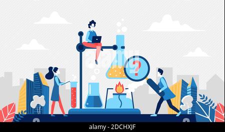 People work in science laboratory vector illustration. Cartoon flat tiny scientist researcher ...