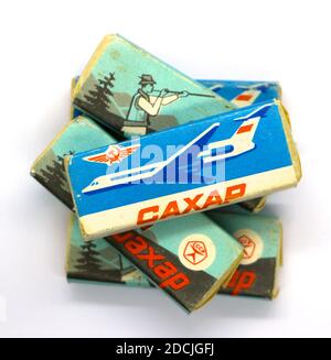 Photo of Caxap sugar cube packets from an Aeroflot flight in 1976 Stock ...