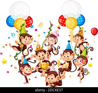 Monkey group in party theme cartoon character on forest background ...