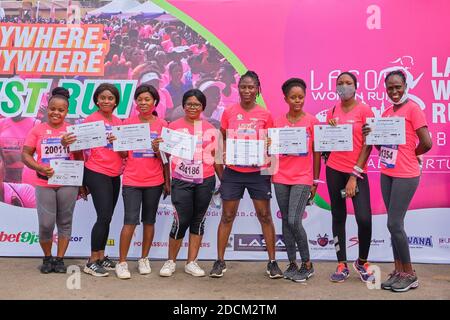 Lagos, Nigeria, 21st November 2020. Runners at the finish line during ...