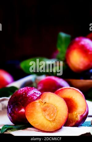Plum halves background. Juicy pulp of plums texture. organic fruits ...