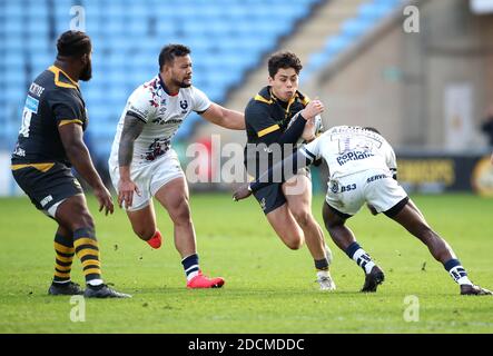 Wasps' Jacob Umaga is tackled by Bristol Bears' Toby Fricker during the ...
