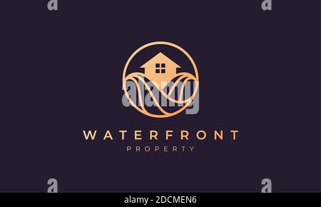 villa logo of gold line with house in circle shape with ocean wave ...