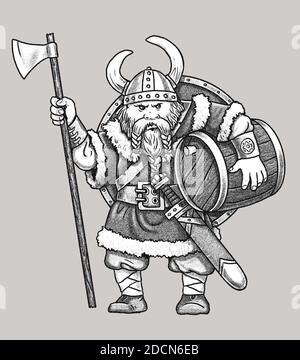Viking with ax. Medieval robber. Comic drawing Stock Photo - Alamy
