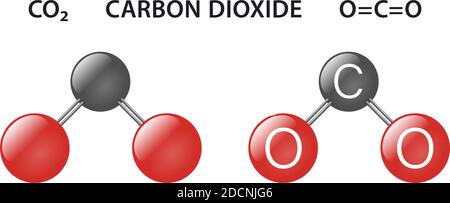 Carbon dioxide (CO2) molecule. Greenhouse gas. Stylized 2D renderings and conventional skeletal ...