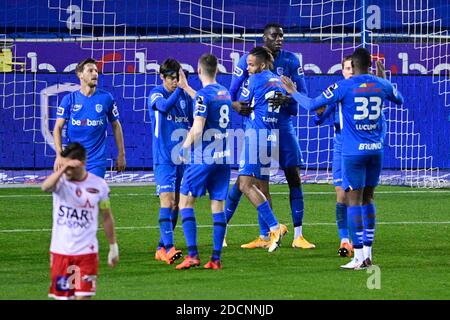 Genk's Paul Onuachu celebrates after scoring during a soccer game ...