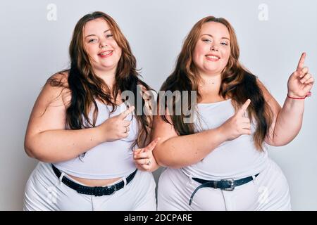 Two plus size overweight sisters twins women hugging together outdoors ...