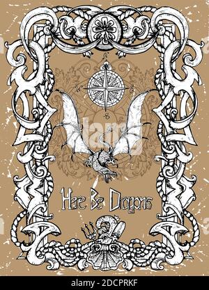 Heraldic Medieval creature sketch, fantasy dragon or mythic animal ...