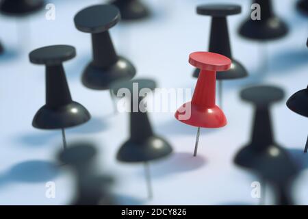 Difference concept. Red pushpin or thumbtack and many white ones. 3D ...