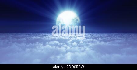 night fly above clouds full moon, 3d render illustration Stock Photo ...
