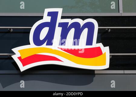 German retailer DM Drogerie Markt drug store logo. Cologne, Germany ...