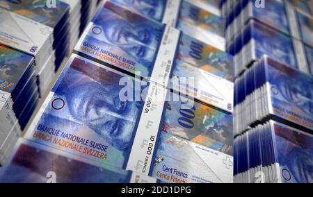 Swiss Franc, money pack 3d illustration. Switzerland 100 CHF banknote ...