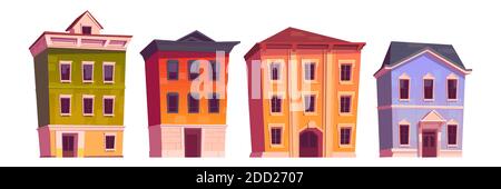 A set of brick facades of buildings with classic elements and a tiled ...