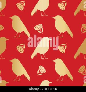 Robin Redbreast, berries and leaves seamless vector pattern background. Hand drawn European ...