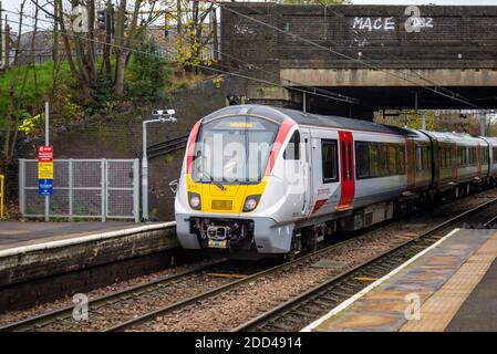 British Rail Class 720 Aventra of Greater Anglia train passing Prittlewell station, near ...