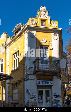 RUSE, BULGARIA -NOVEMBER 2, 2020: Typical Building and street at the ...
