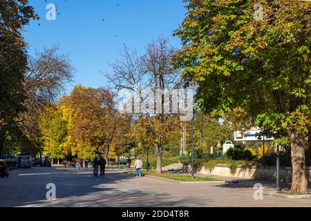 RUSE, BULGARIA -NOVEMBER 2, 2020: Typical Building and street at the ...