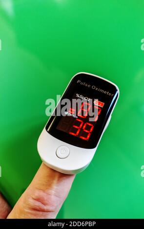 Pulse Oximeter in use on a mans finger Stock Photo - Alamy