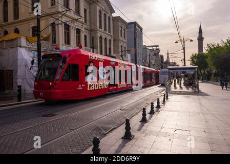 Istanbul public tram system - T1 tram line Sultanahmet Square passing ...
