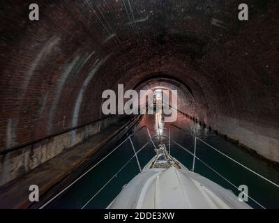 Motorboat in 19th century Riqueval Tunnel Stock Photo - Alamy