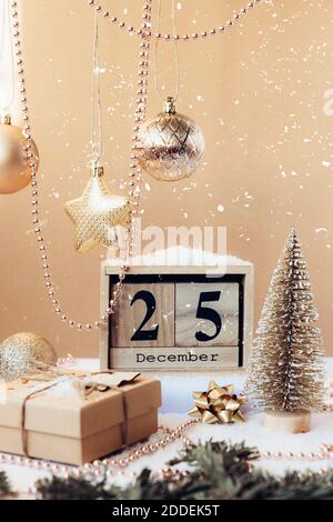 Christmas calendar 25 december. Christmas gift, fir branches, pine ...