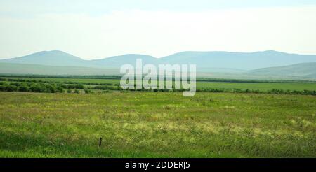 Panoramic shot of endless steppe lying in a fertile valley with ...