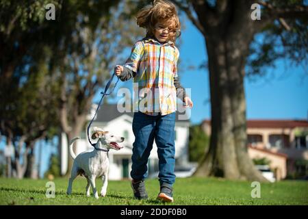 Little boy running with dog Stock Photo - Alamy