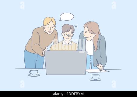 young businessmen with laptop and speech bubble vector illustration ...