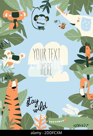 Cartoon animals frame. Jungle animal in tropical leaves, cute frames ...