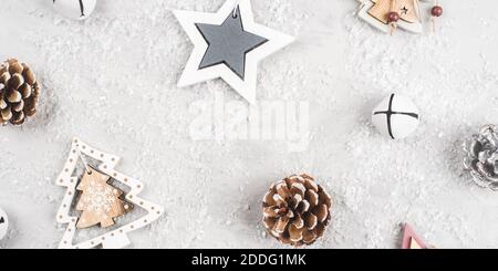 Top view Banner of festive winter composition on wooden background with ...