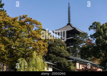 The five-storied pagoda in a forest of cedar trees with deep snow at ...