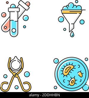 Chemical lab tools color icons set. Beaker with liquid, magnifying ...