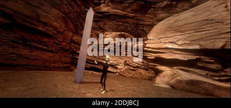 Alien Monolith Metal Object with Grey Alien in the desert. Extremely ...