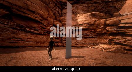 Alien Monolith Metal Object with Grey Alien in the desert. Extremely ...