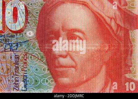 A Swiss Franc note, Euler-10 series, displayed horizontally. This ...